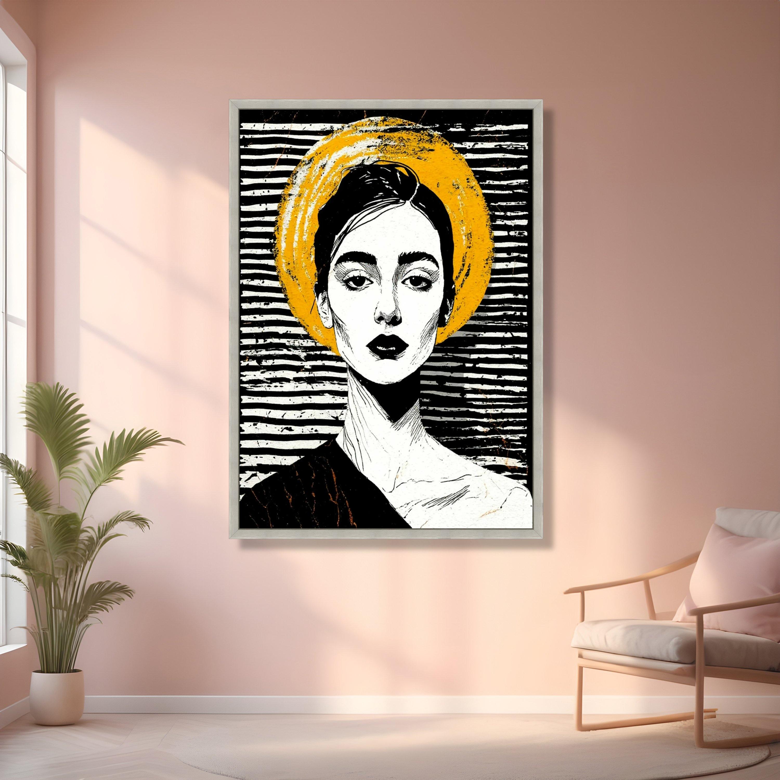Modern Woman Portrait Canvas, Black White Yellow Wall Art, Graphic ...