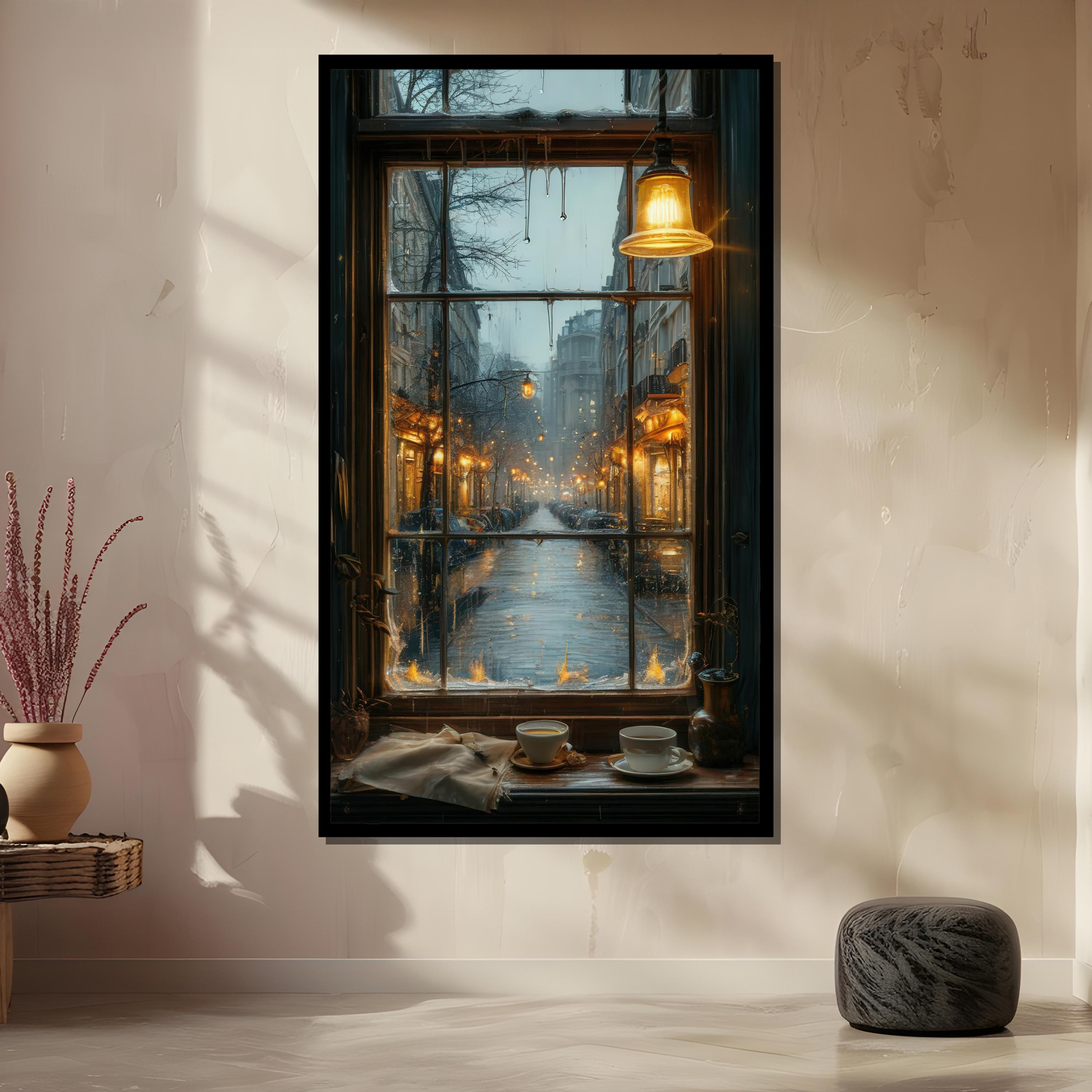 Rainy Window Street View Canvas - Cozy Cafe Scene With Lights and Cups ...