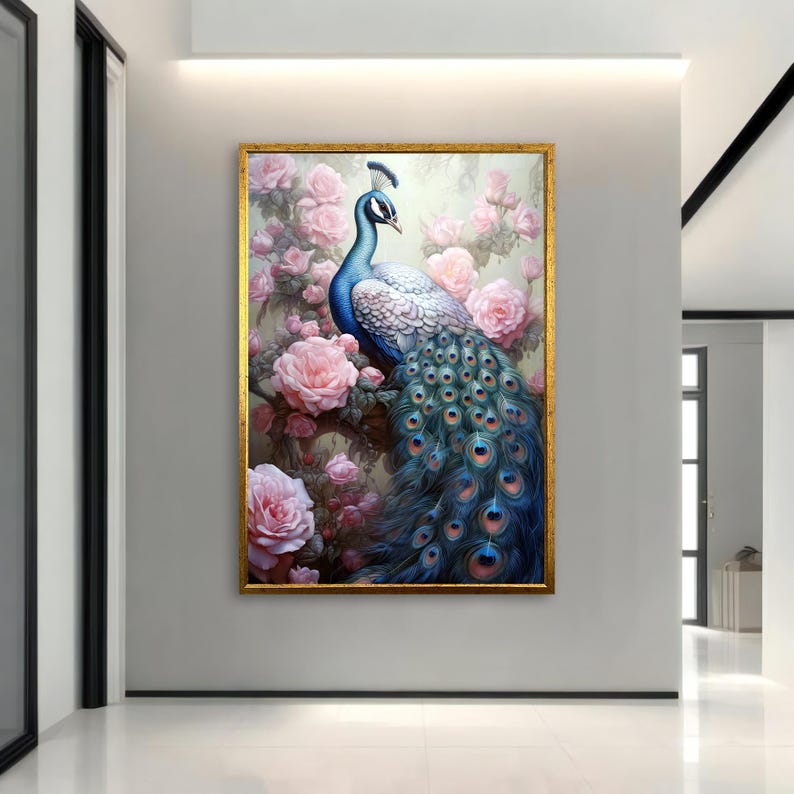 Ethereal Peacock Among Blossoming Roses Canvas Painting: A Serene Gift ...