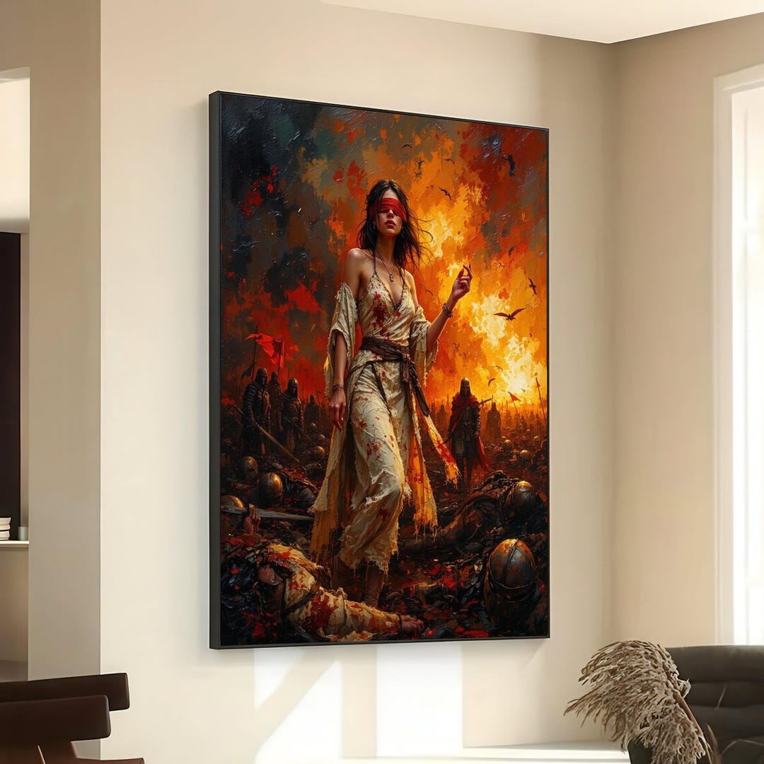 Mystic Warrior Woman, Bloodied Dress Canvas, Fantasy Battle Scene ...