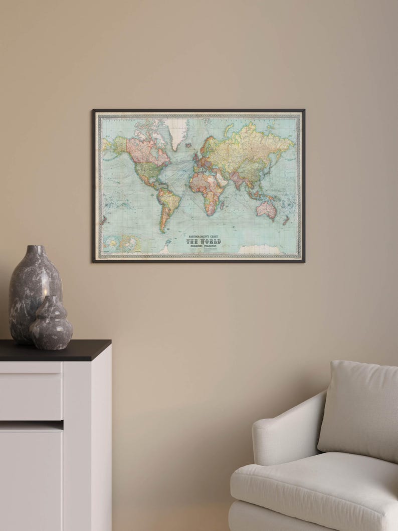 Vintage 1914 World Map Bartholomew's Mercator Projection Chart Nautical ...