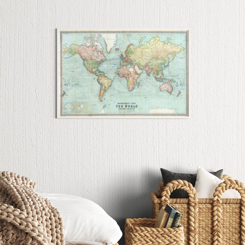 Vintage 1914 World Map Bartholomew's Mercator Projection Chart Nautical ...