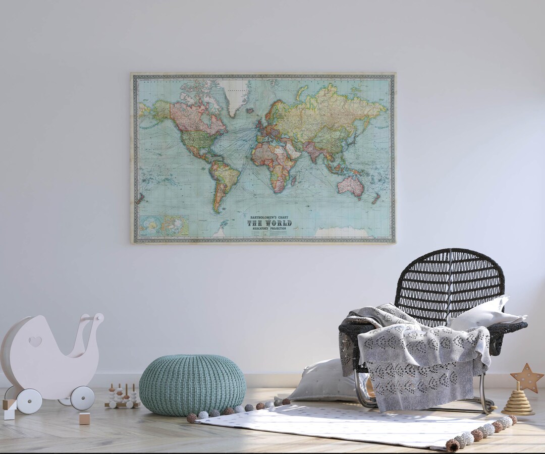 Vintage 1914 World Map Bartholomew's Mercator Projection Chart Nautical ...