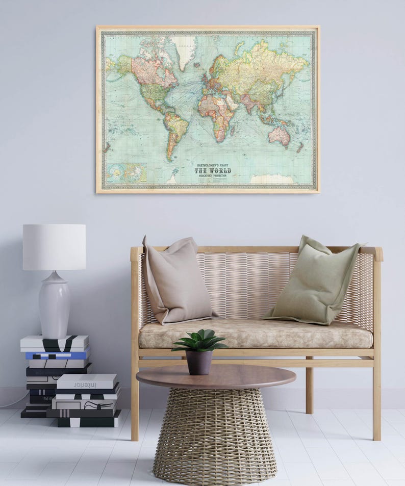 Vintage 1914 World Map Bartholomew's Mercator Projection Chart Nautical ...