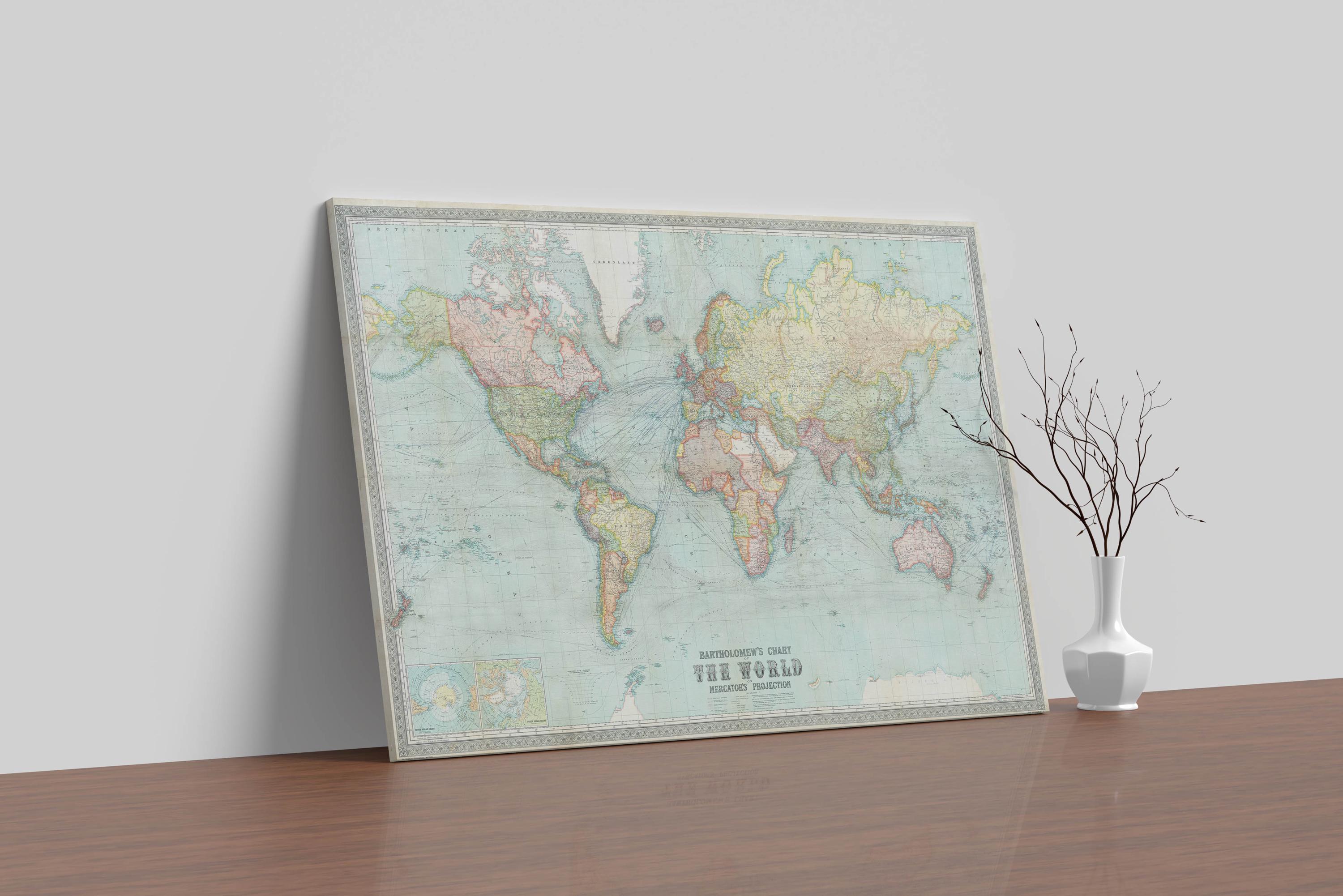 Vintage 1914 World Map Bartholomew's Mercator Projection Chart Nautical ...