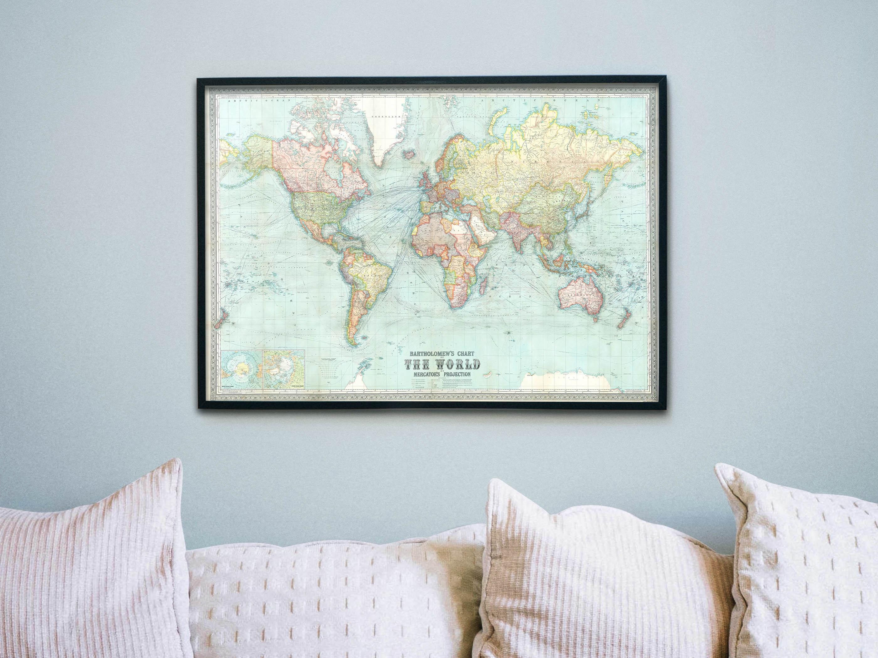 Vintage 1914 World Map Bartholomew's Mercator Projection Chart Nautical ...