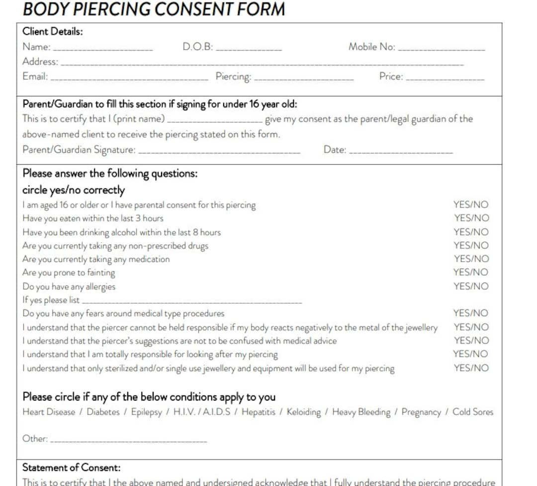 Body Piercing Consent Form - Etsy
