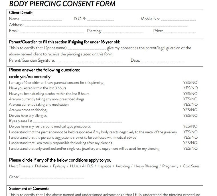 Body Piercing Consent Form - Etsy