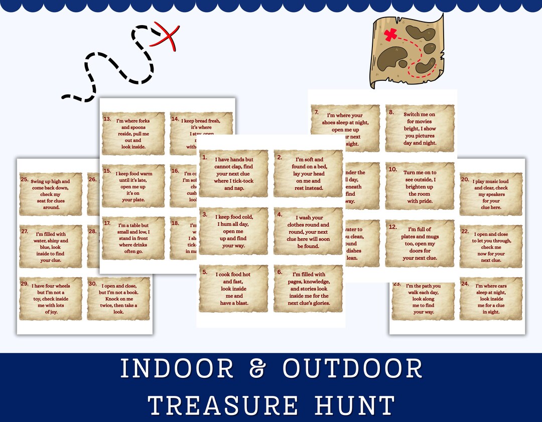 Printable Treasure Hunt Game | 30 Fun Clue Cards for Indoor & Outdoor ...
