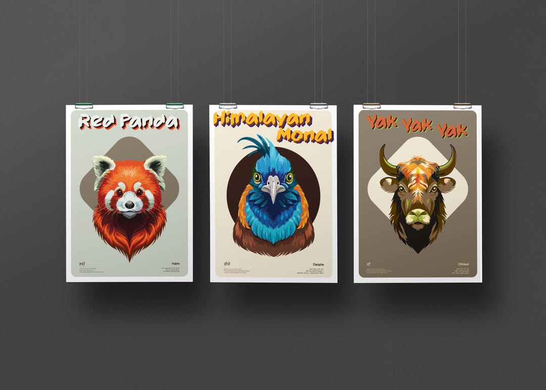Nepali Wildlife Poster Set of 3, Himalayan Monal, Red Panda, Yak Wall ...