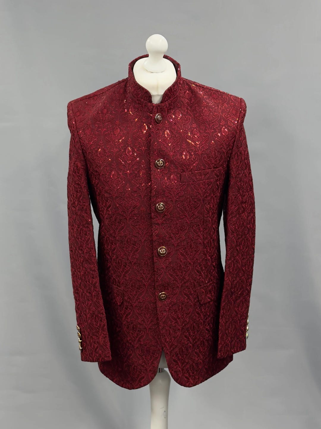 Men's Sequin Embroidery Jamawar Ruby Crown Design Prince Jacket Gold ...