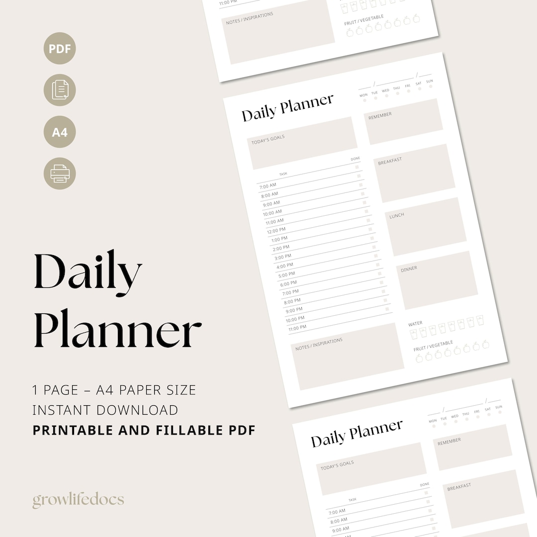 Daily Planner Printable | Fillable PDF, Habit Tracker, Minimalist ...