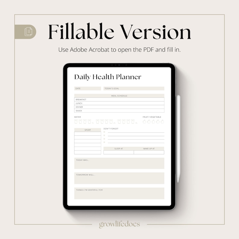 Daily Health Planner Printable | Fillable PDF, Health Tracker ...