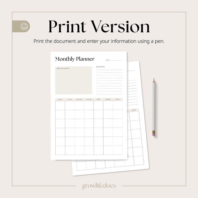 Monthly Planner Printable | Fillable PDF, Habit Tracker, Minimalist ...