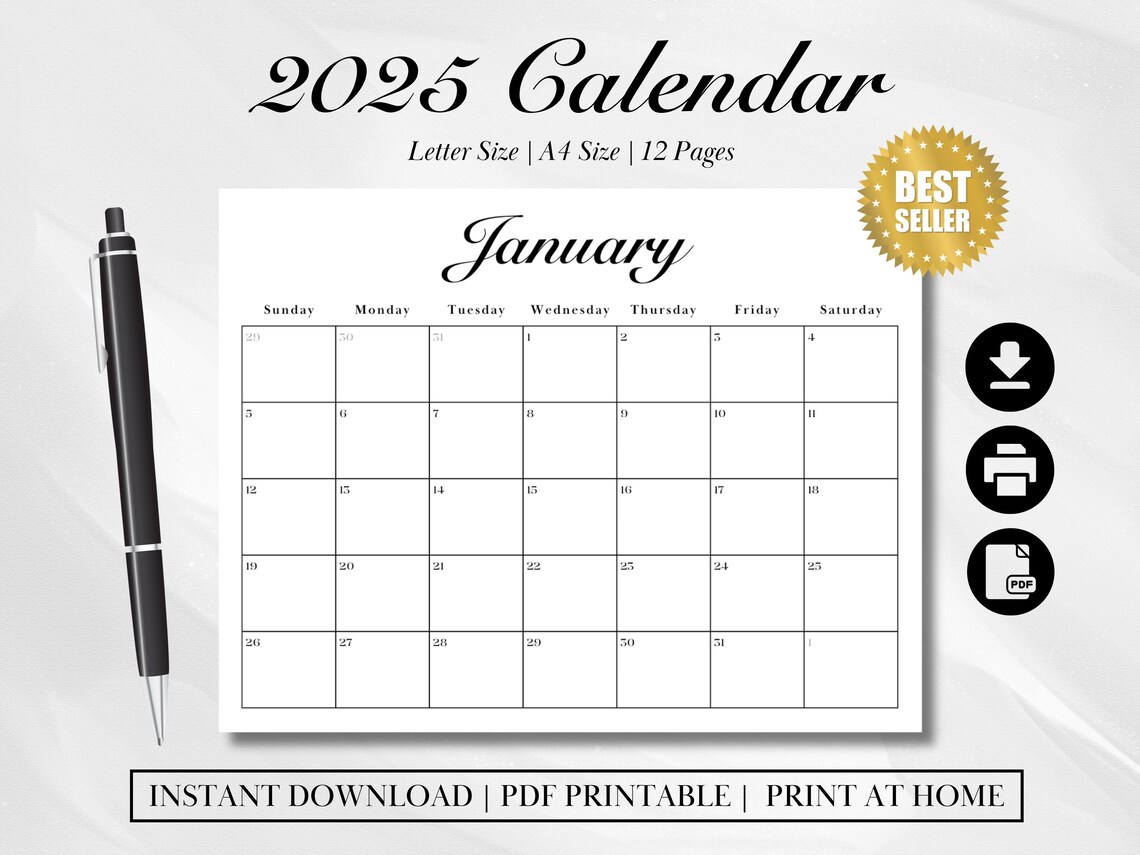 2025 Printable Calendar PDF Minimalistic Design, Monthly Editable Desk ...