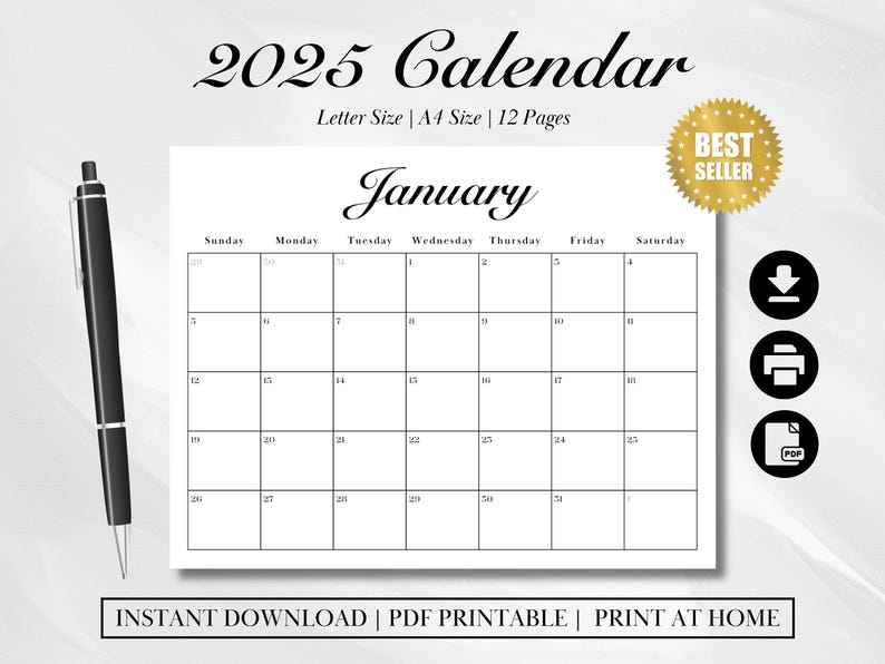 2025 Printable Calendar PDF Minimalistic Design, Monthly Editable Desk ...