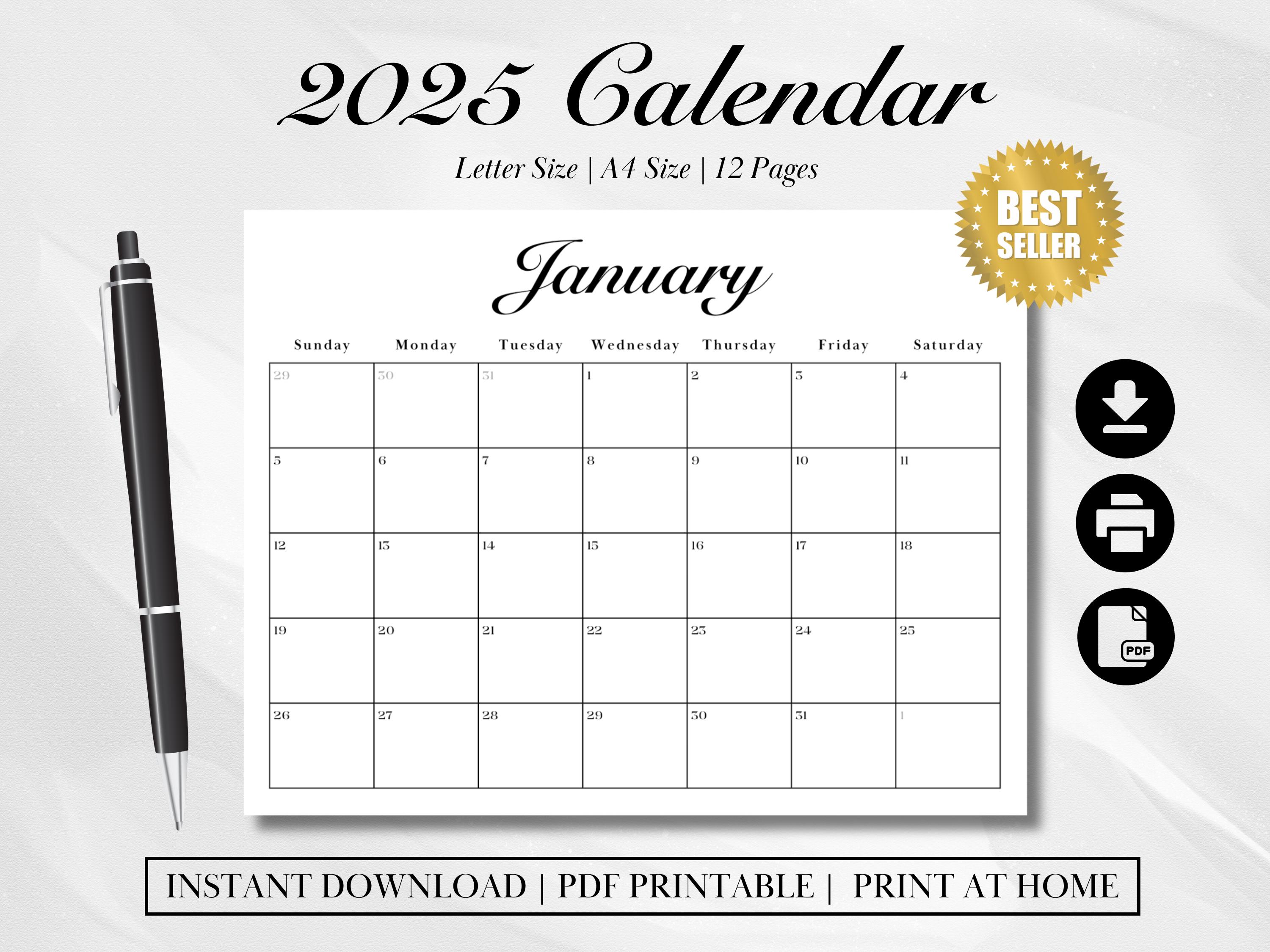 2025 Printable Calendar PDF Minimalistic Design, Monthly Editable Desk ...