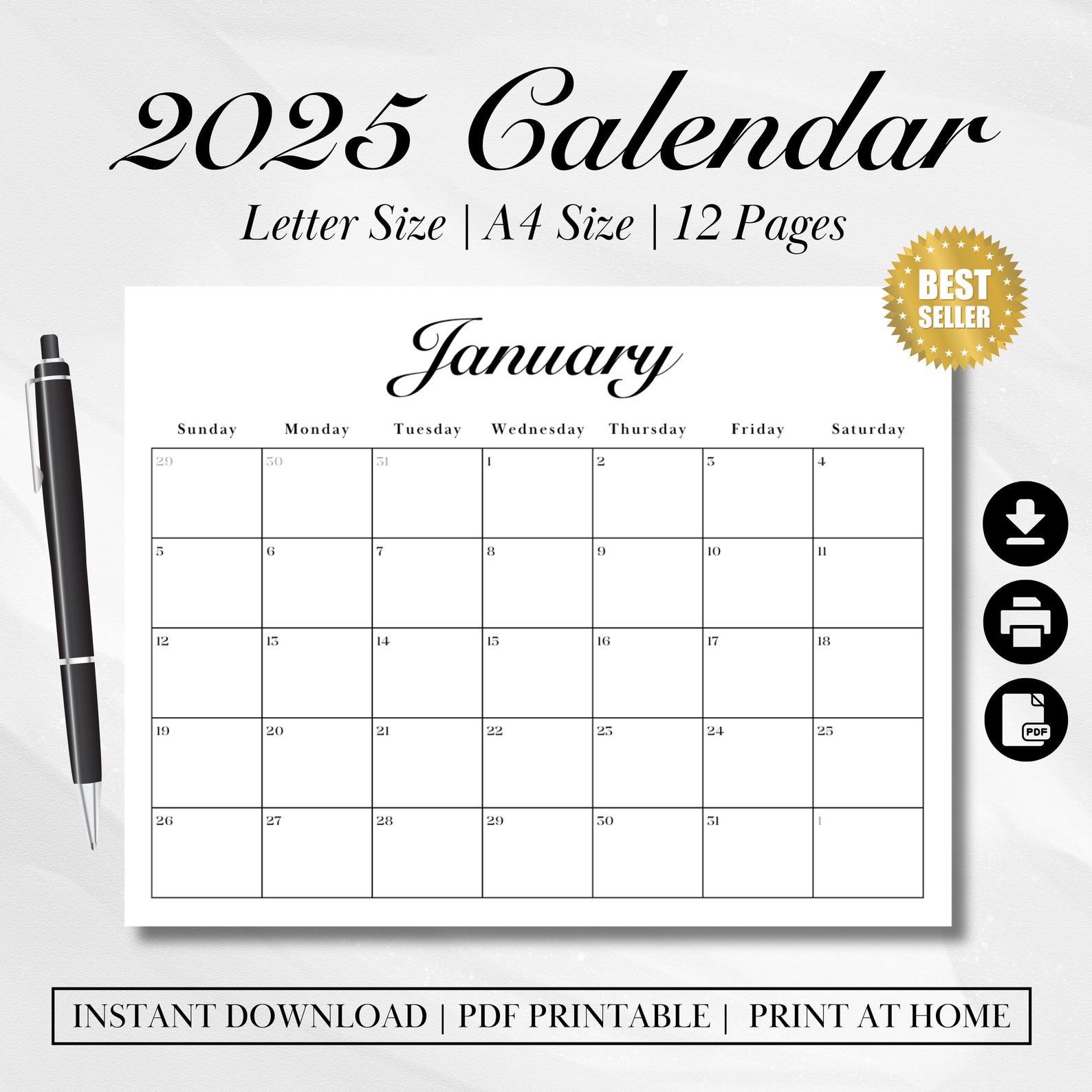 2025 Printable Calendar PDF Minimalistic Design, Monthly Editable Desk ...