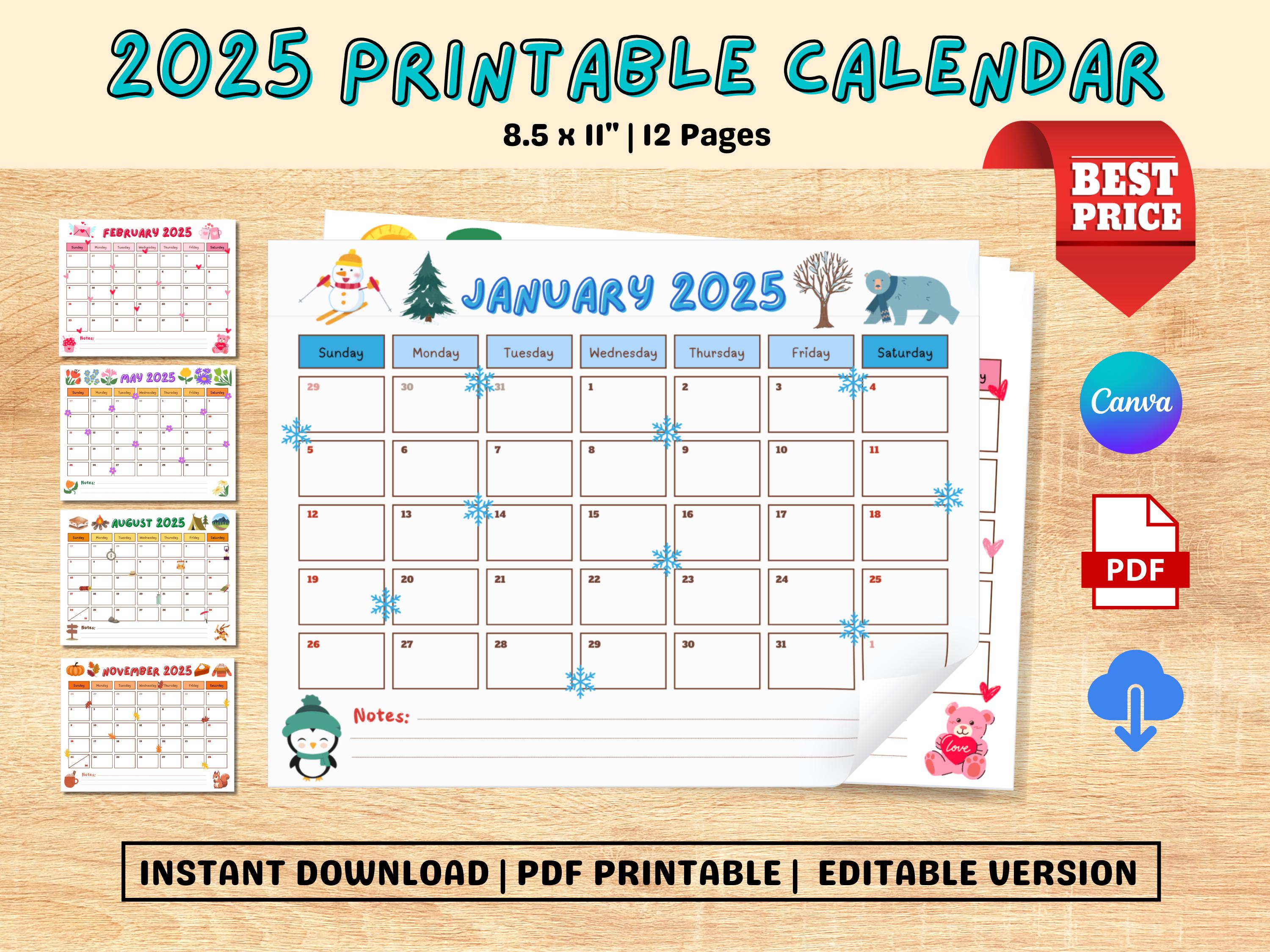 Cute Kids School Yearly Calendar Printable 2025, Organizer Template ...
