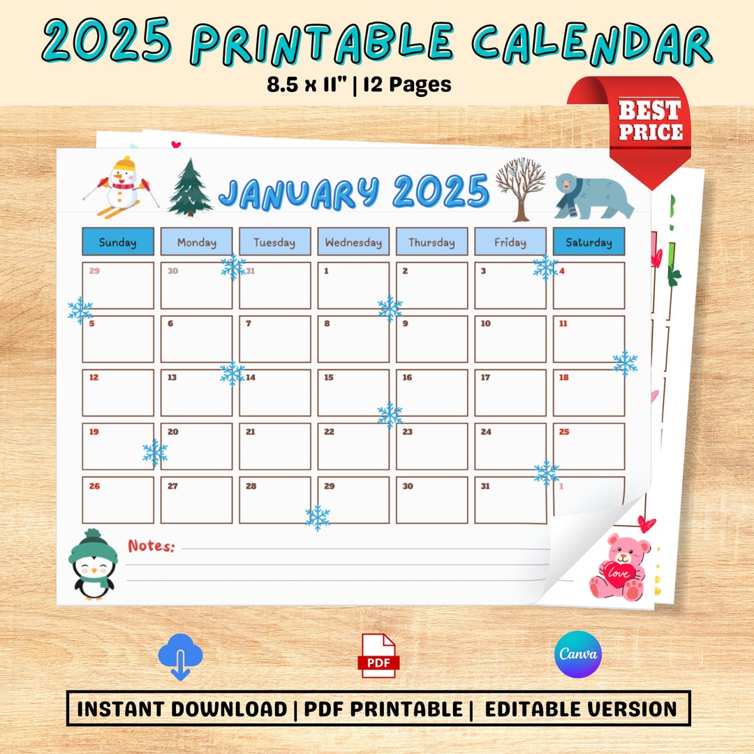 Cute Kids School Yearly Calendar Printable 2025, Organizer Template ...