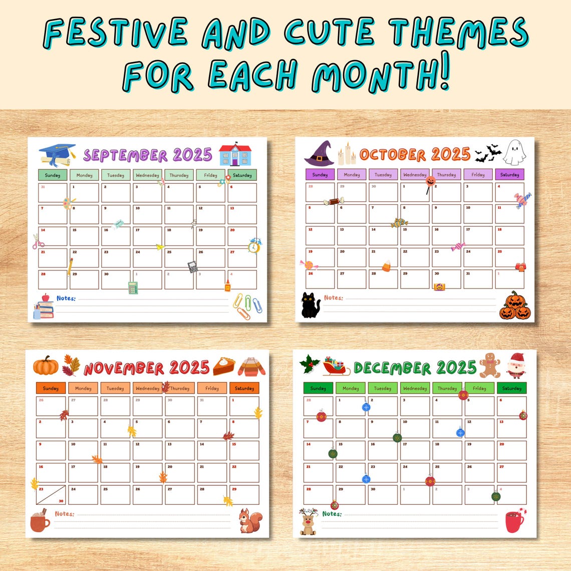 Cute Kids School Yearly Calendar Printable 2025, Organizer Template ...