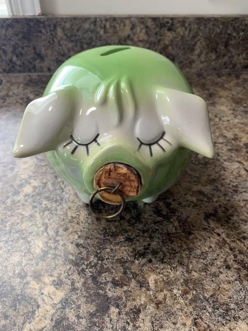 Vintage Green Hull Pottery Corky Pig Original Cork and Ring Piggy Bank ...