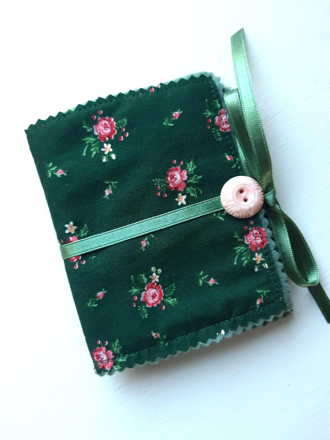 Vintage Floral Calico Needle Book, Pink Roses, Hunter Green, Shabby ...
