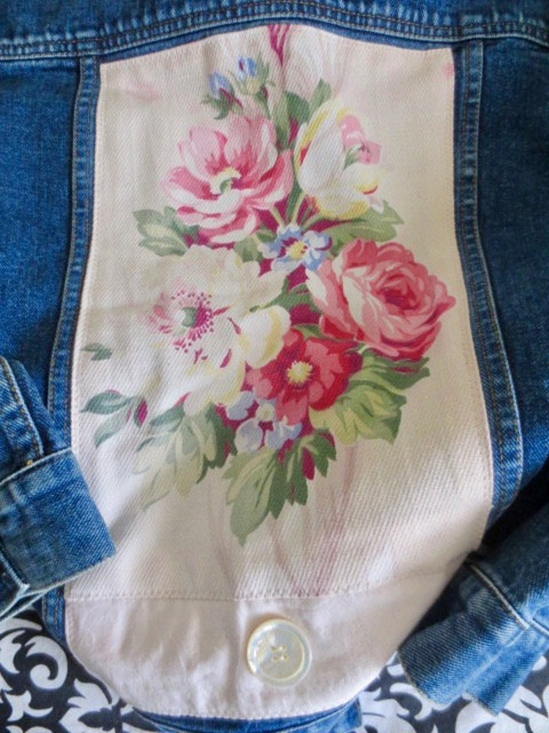 Reworked Upcycled Vintage Denim Jacket, Embellished Blue Jeans, Pink ...