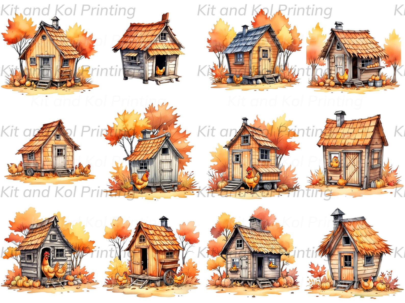 Autumn Chicken Hut Watercolor Clipart - Instant Download Sublimation ...