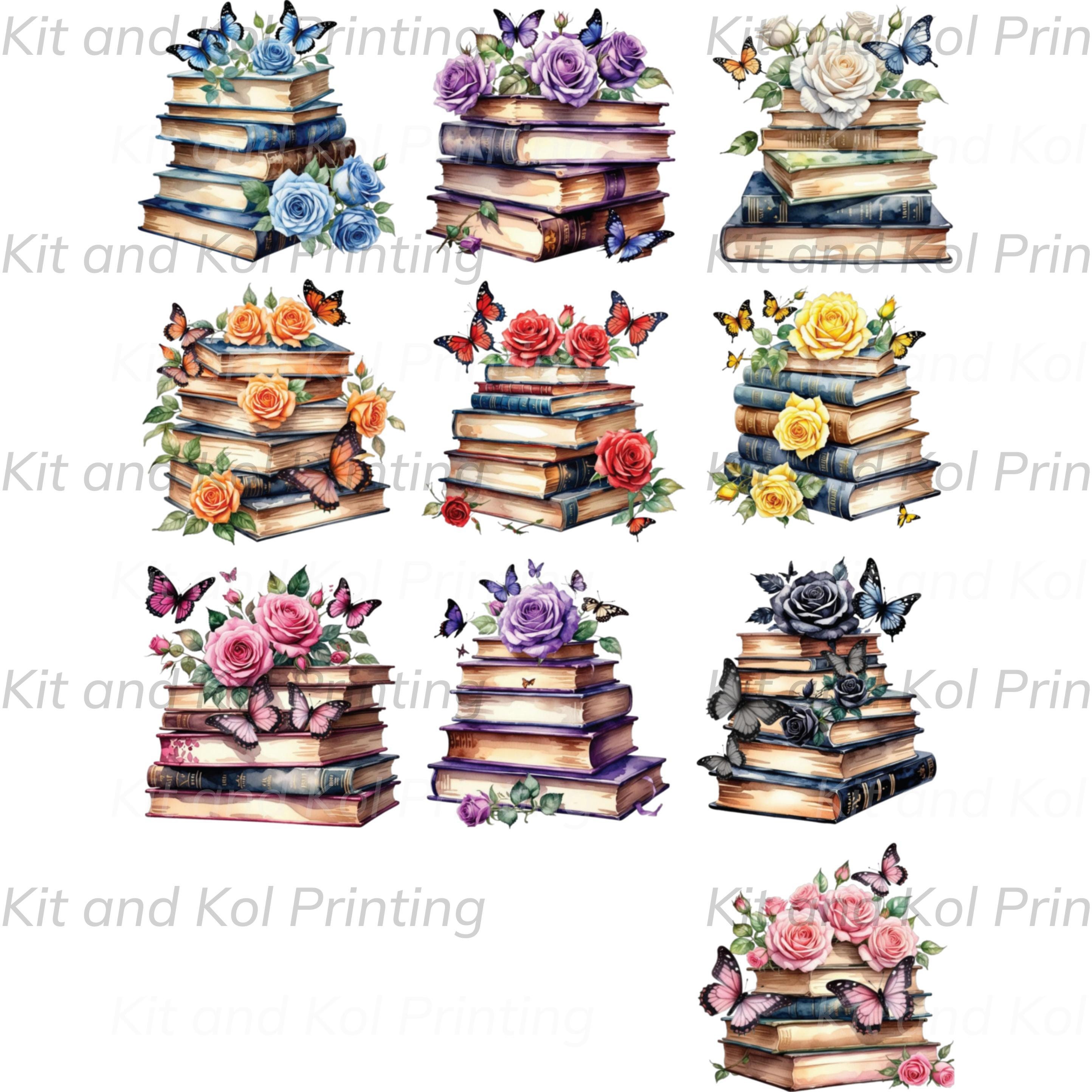 Vintage Book Stack With Roses and Butterflies Clipart - Instant ...