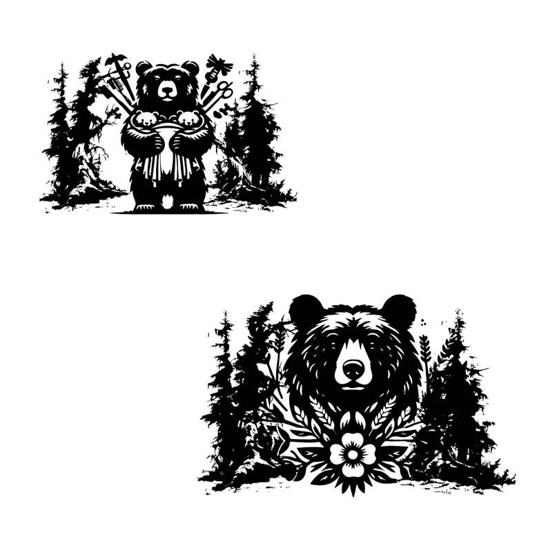 Bear Svg Bundle, Grizzly Bear Clipart, Mama Bear Vector, Baby Bear Decal, Woodland Scene Cut ...