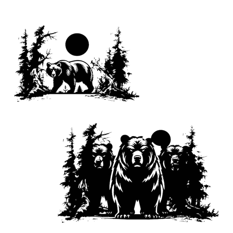 Bear Svg Bundle, Grizzly Bear Clipart, Mama Bear Vector, Baby Bear Decal, Woodland Scene Cut ...