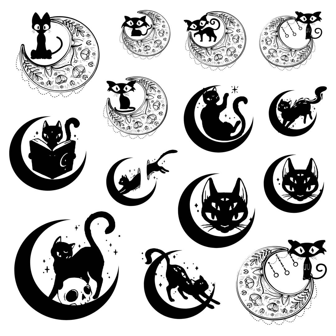 Cat and Moon Phases Svg Bundle, Mystical Clipart , Cat and Moon Vector ...