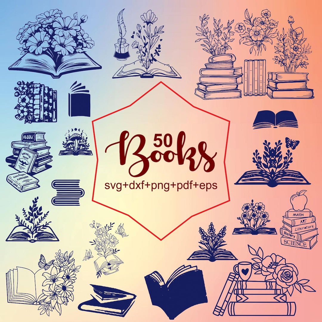 Books Svg Bundle, Books Clipart for Cricut, Flory Books Svg, Books ...