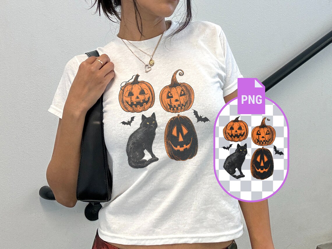 90s Nostalgic Cat Pumpkin PNG Design, Orange Black Halloween Pumpkin ...