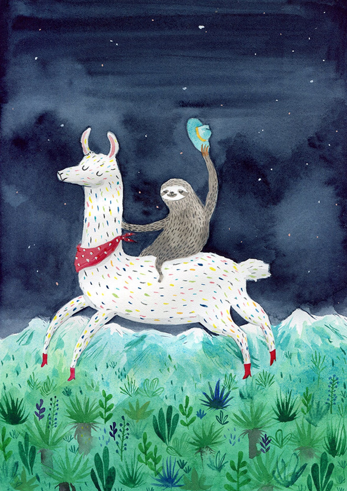 Sloth Riding Lama A3 Print Sloth Illustration Lama - Etsy Australia
