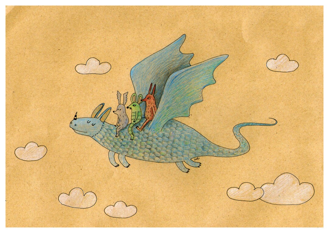 Little Flying Dragon Illustration A4 Print - Etsy