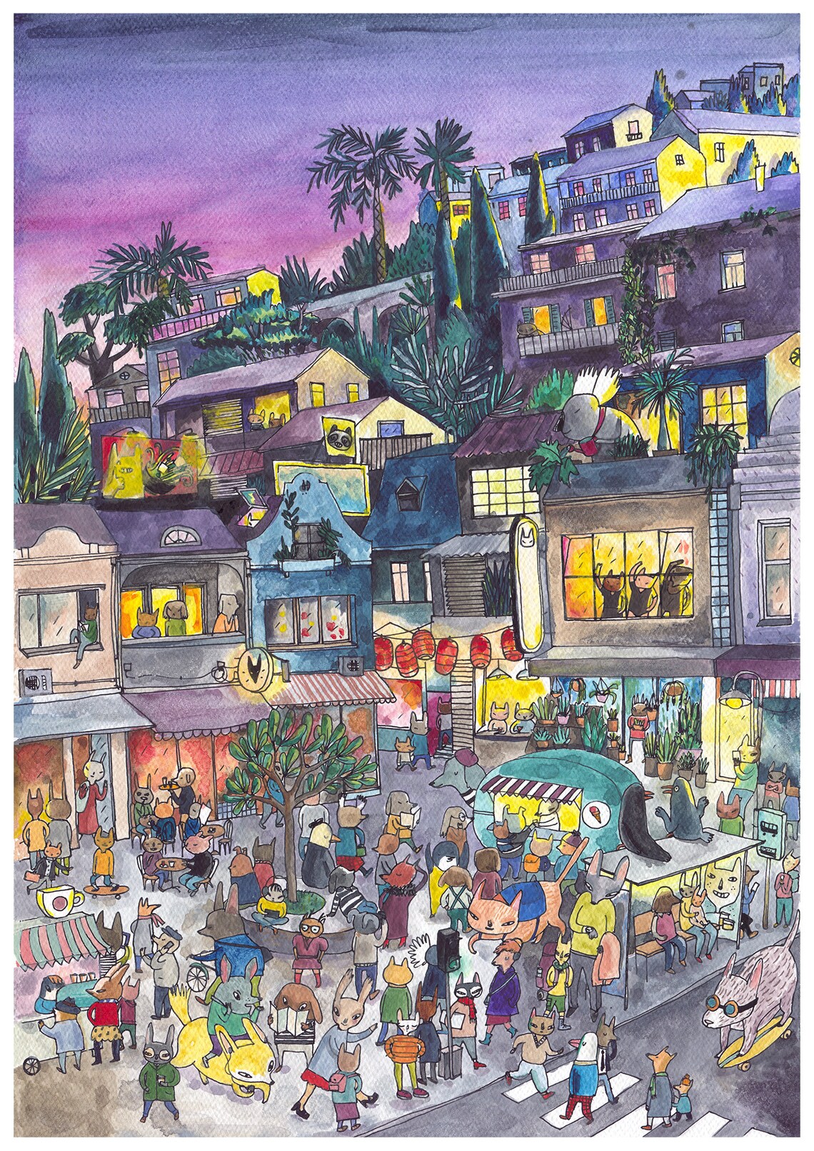 Purple town A3 print | Etsy