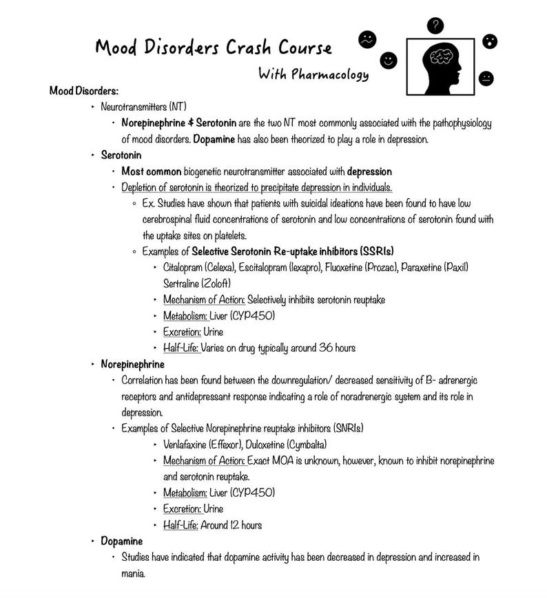 PDF Mood Disorder Crash Course With Pharmacology - Etsy