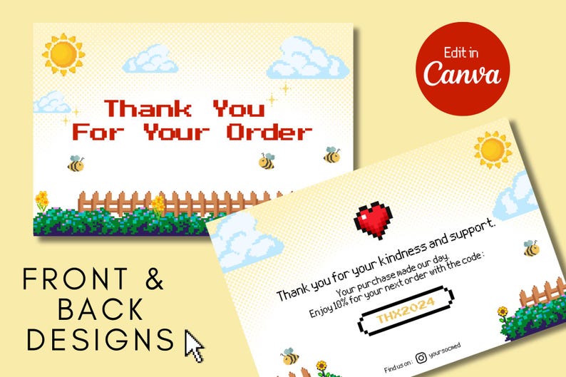 Pixel Editable Thank You Card Template Canva, Thank You for Order Card ...