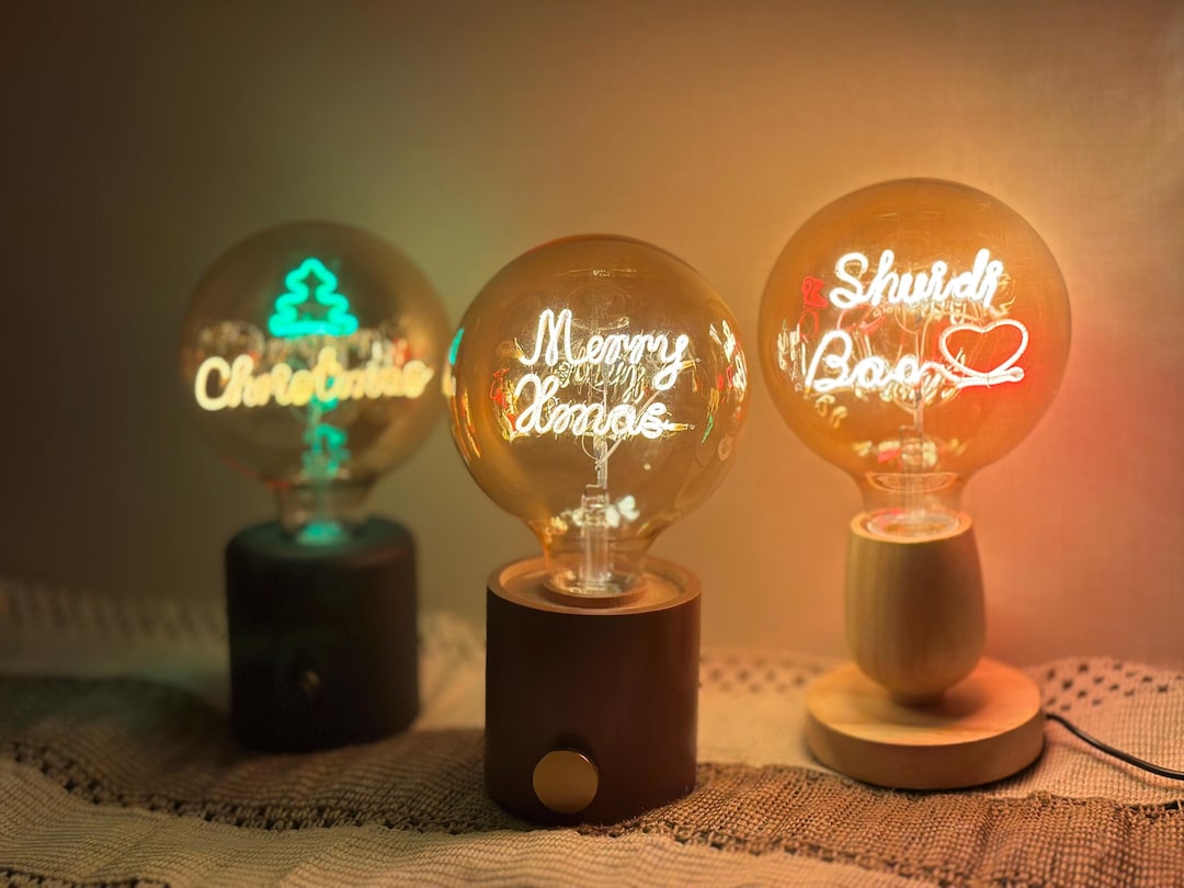 Custom Text Edison Bulb Lamp: Steampunk Art Night Light, Wood Base ...