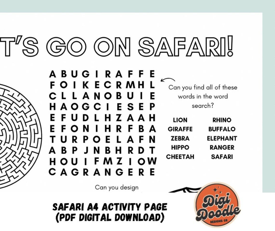 A4 Safari Activity Sheet - Printable PDF Digital Download - Etsy
