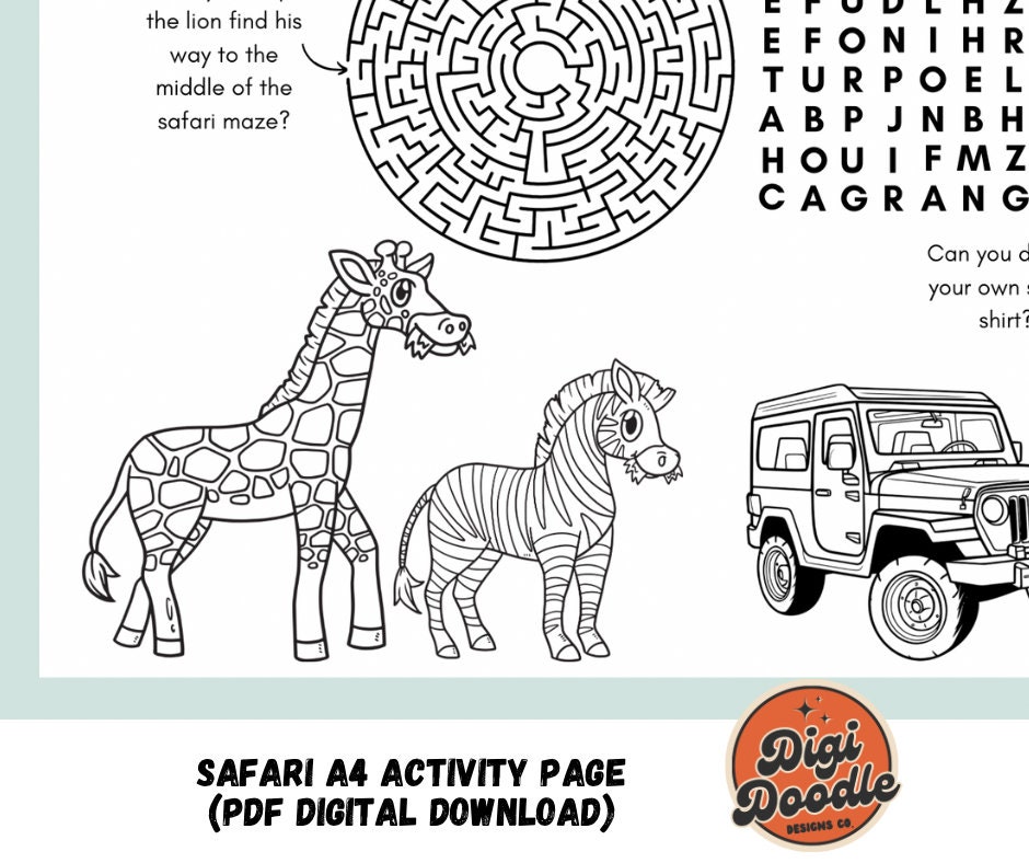 A4 Safari Birthday Activity Sheet Printable PDF Digital Download - Etsy