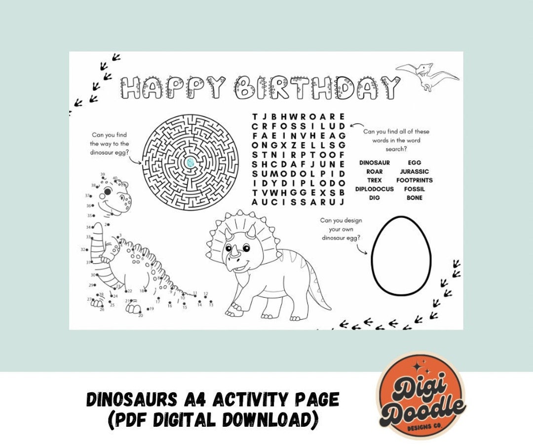 A4 Happy Birthday Dinosaurs Activity Page - Printable PDF Digital ...