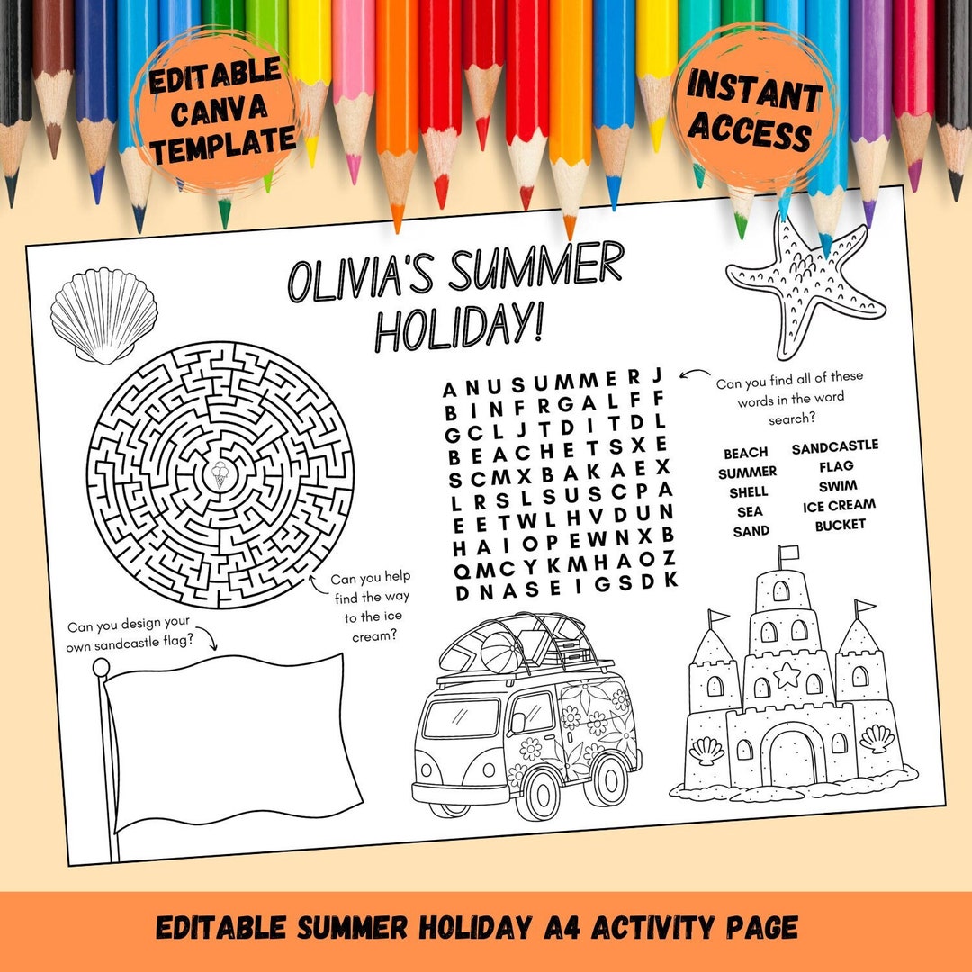A4 Editable Summer Holiday Activity Sheet - Canva Template Digital ...