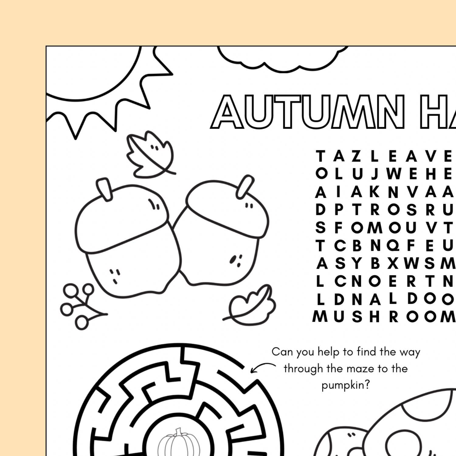 Autumn Harvest Activity Page PDF A4 Fall Coloring & Puzzle Sheet - Etsy