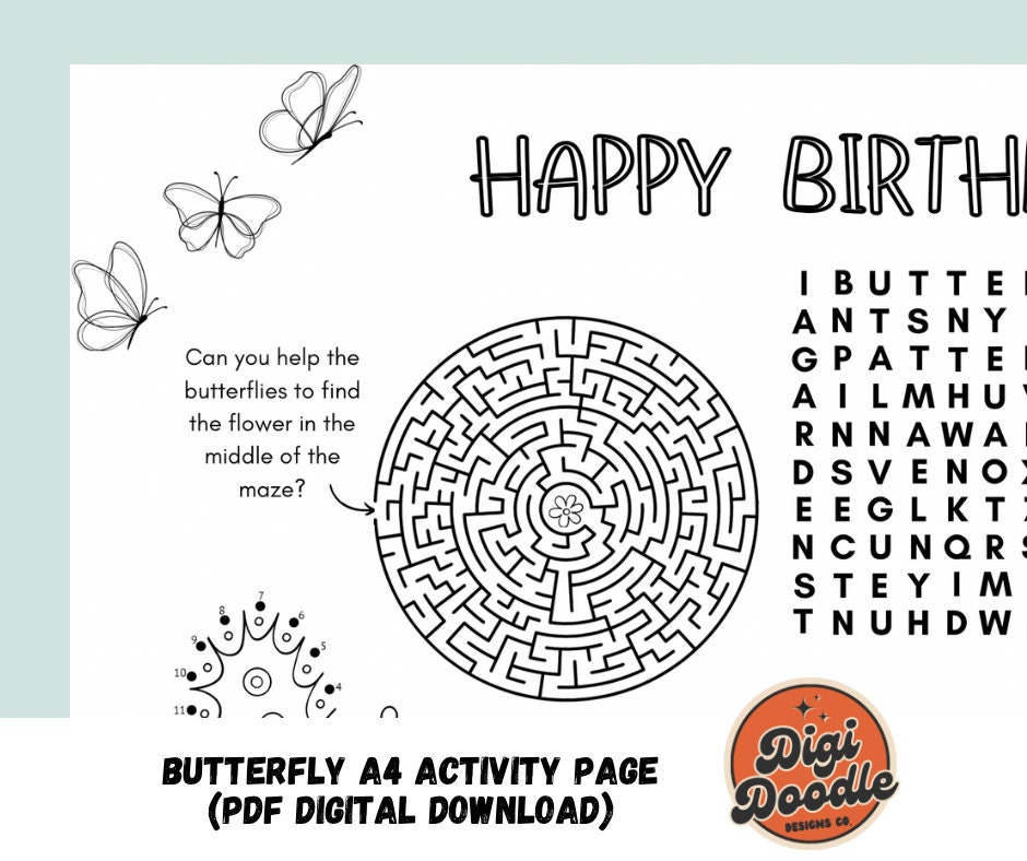 A4 Birthday Butterfly Activity Sheet - Printable PDF Digital Download ...