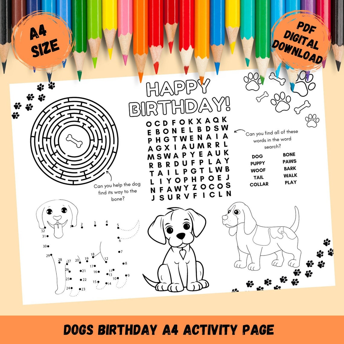A4 Dogs Birthday Activity Sheet - Printable PDF Digital Download - Etsy