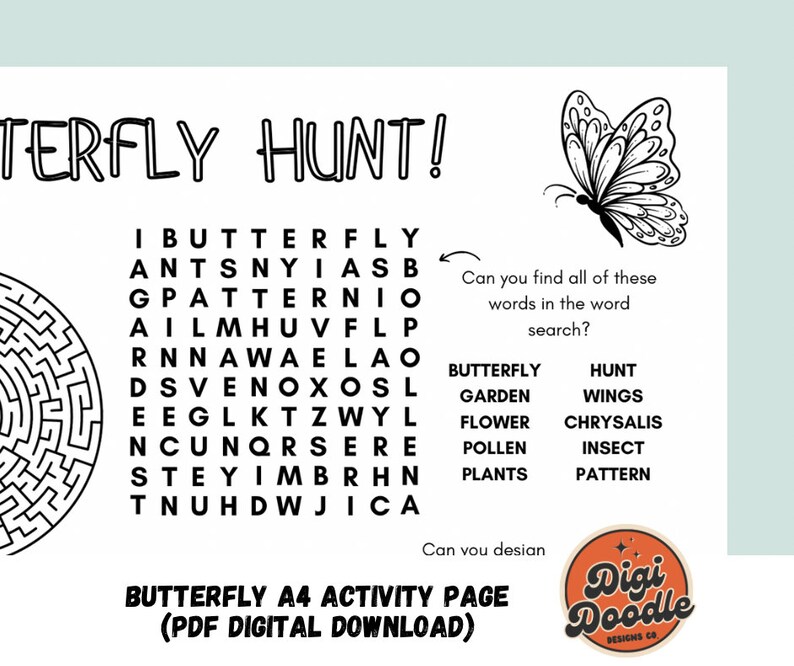 A4 Butterfly Activity Sheet - Printable PDF Digital Download - Etsy