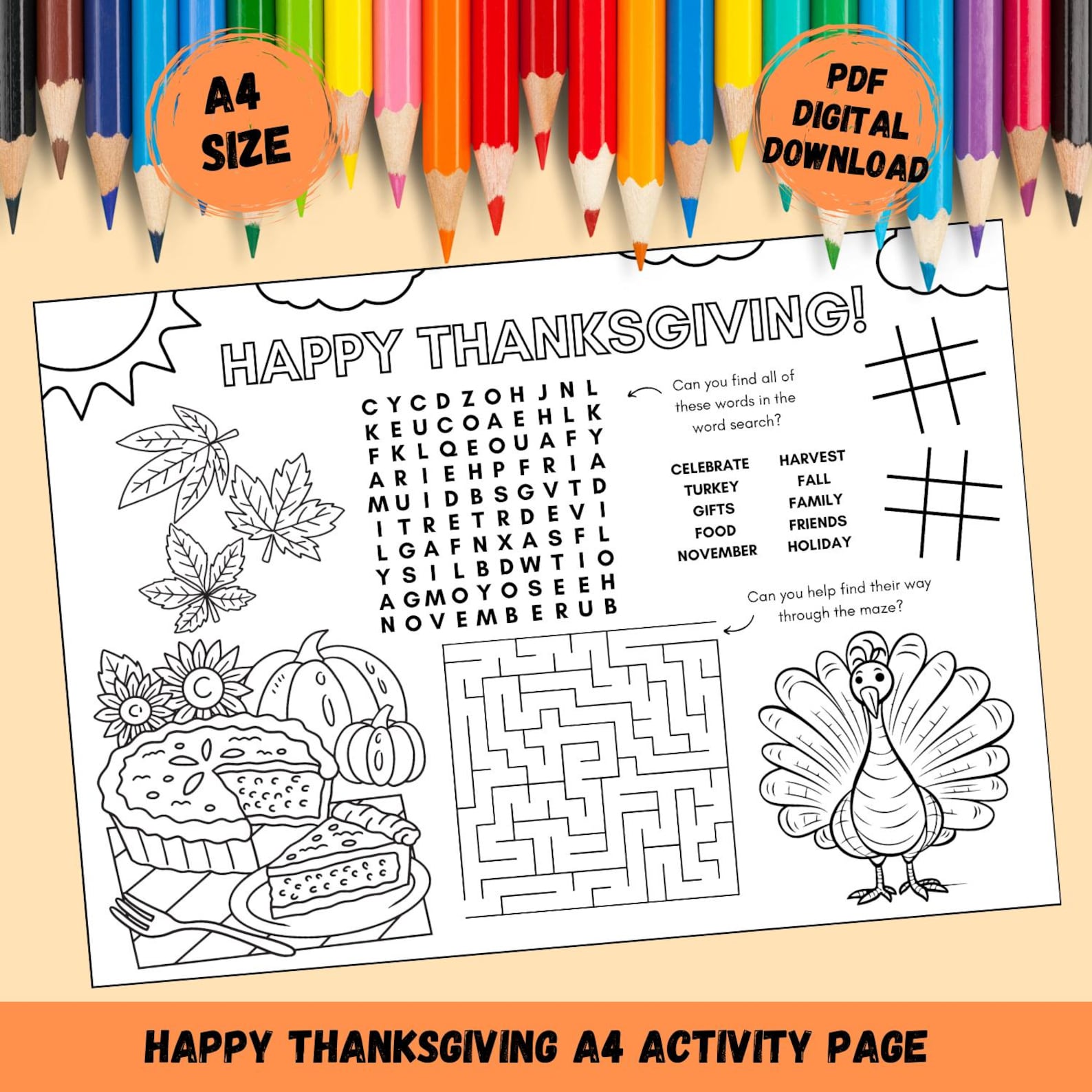 A4 Happy Thanksgiving Activity Page | PDF Digital Download | Fun ...